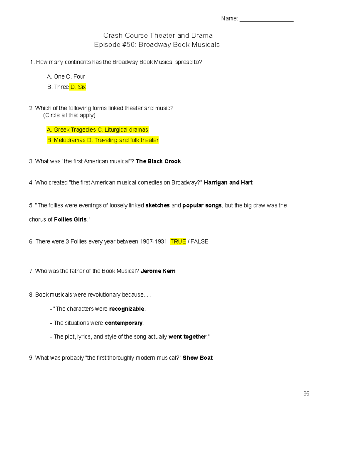 Crash Course Episode #50 - Name: _________________ Crash Course Theater ...
