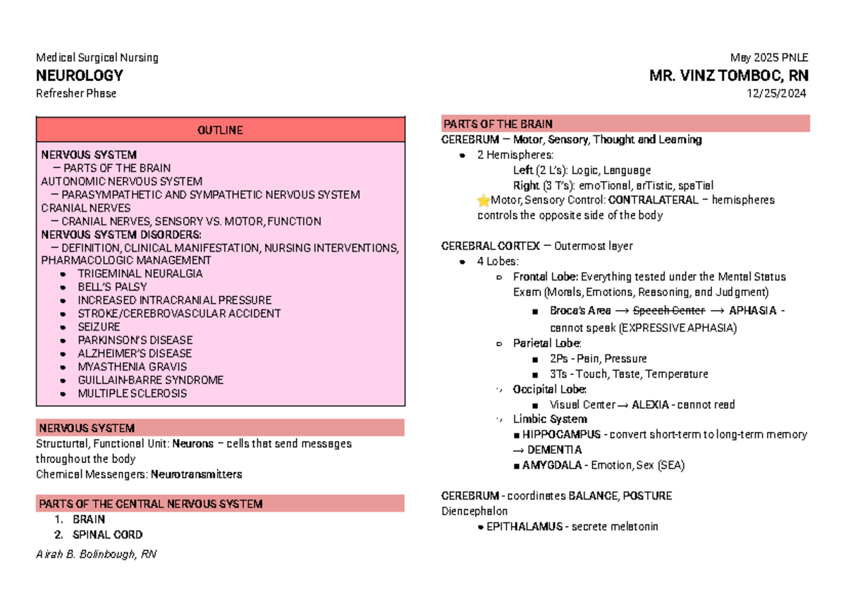 Neuro Notes for Medical Surgical Nursing PNLE - May 2025 - Studocu