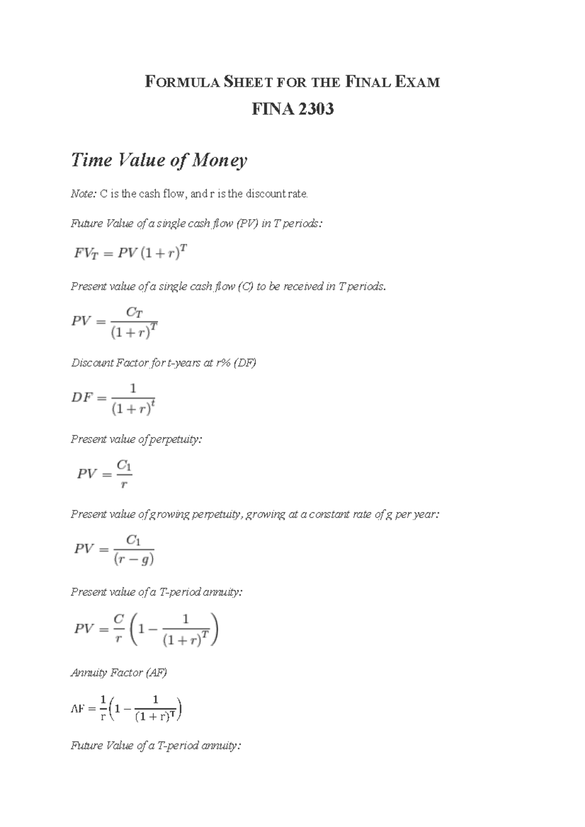 FINA 2303 Final Exam Formula Sheet for Time Value of Money - Studocu