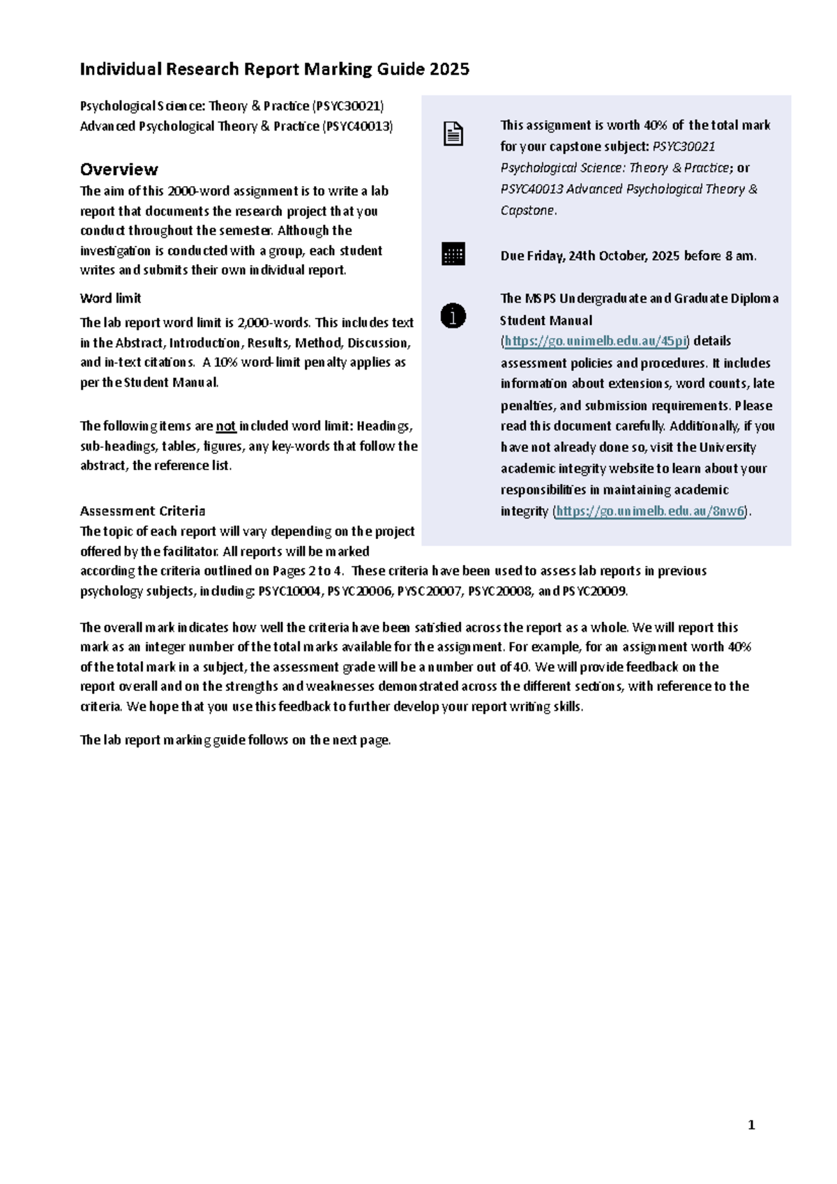 PSYC30021 & PSYC40013 Individual Research Report Marking Guide 2025 ...