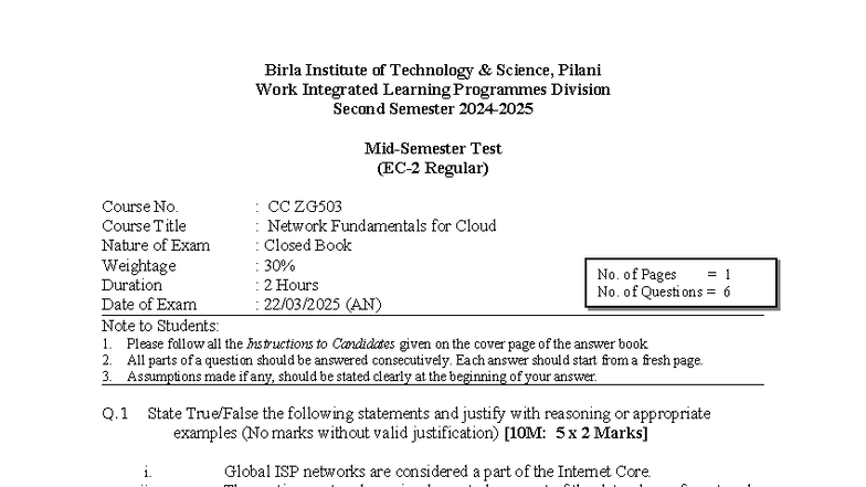 2024-2025 SEM 2 CC ZG503 Network Fundamentals Exam Paper - Studocu