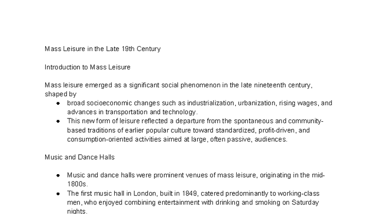 Mass Leisure in the Late 19th Century: A Socioeconomic Overview - Studocu
