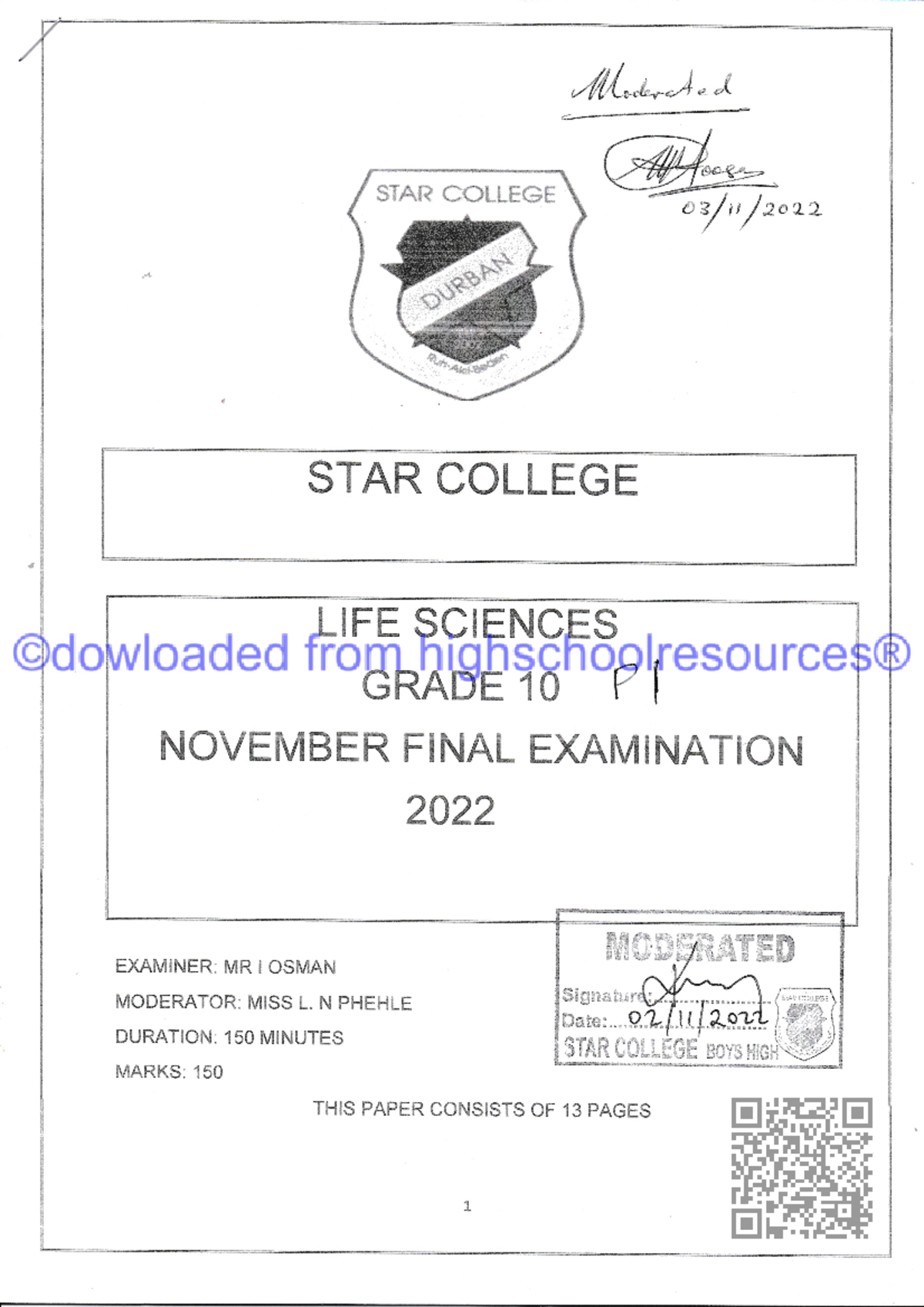 Life Science Grade 10 November 2022 Final Exam Paper 1 QP - Studocu