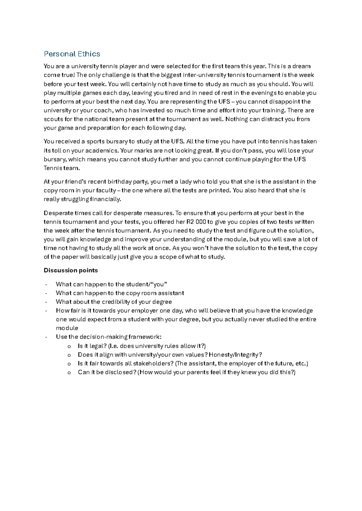 PRACTICE QUESTIONS: Personal Ethics in Sports and Academics - Studocu