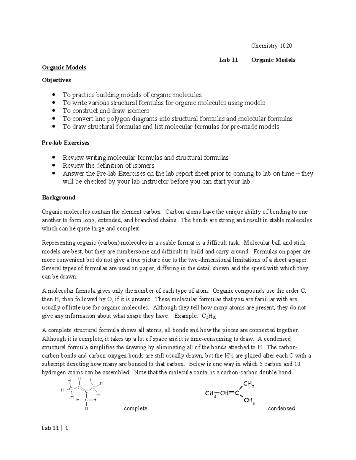Lab 11 - Organic Models in Chemistry 1020: Building and Analyzing ...