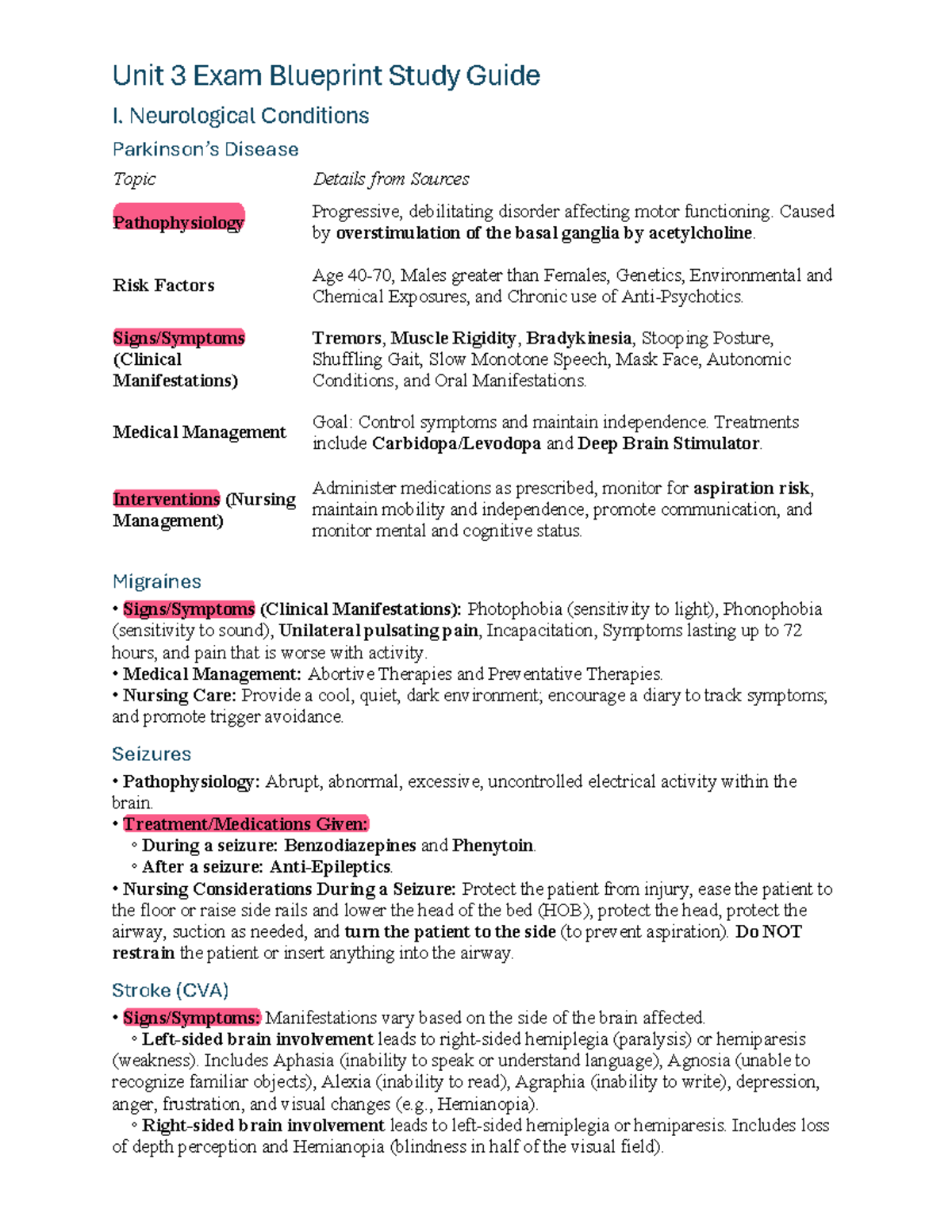 Unit 3 Exam Study Guide: Neurological & Musculoskeletal Conditions ...