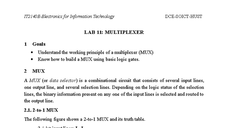 IT LAB 11: Understanding and Building a Multiplexer (MUX) - Studocu