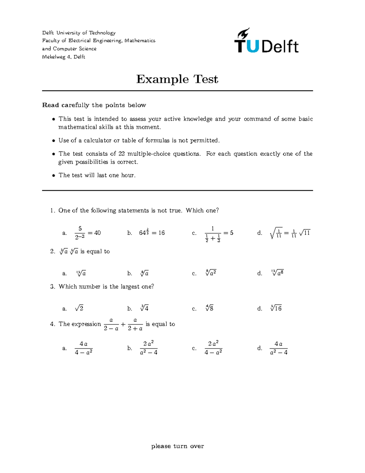 TU Delft Exam: Example Test & Answers (EE, Math, Comp Sci) - Studeersnel
