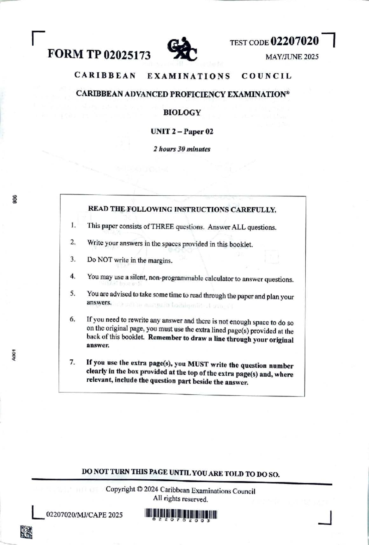 CAPE Biology Unit 2 Paper 02 2025 Exam Instructions and Questions - Studocu