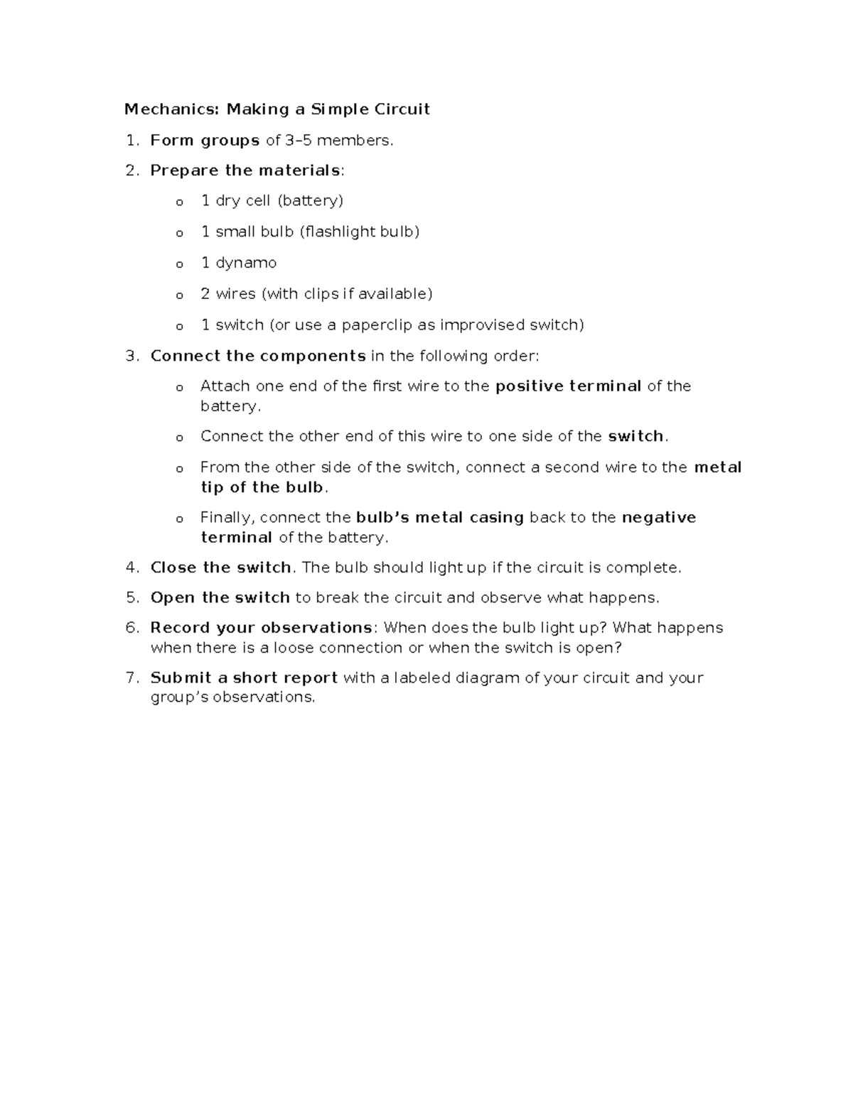Mechanics: Simple Circuit Experiment Instructions and Observations ...