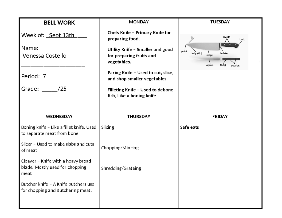 0913bellwork - Bellwork - BELL WORK Week of: Sept 13th___ Name: Venessa ...