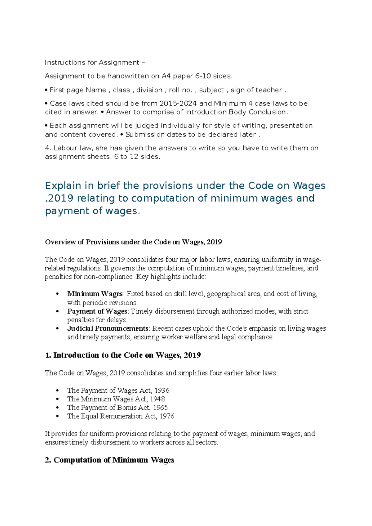Assigment - Explain in brief the provisions under the Code on Wages ...