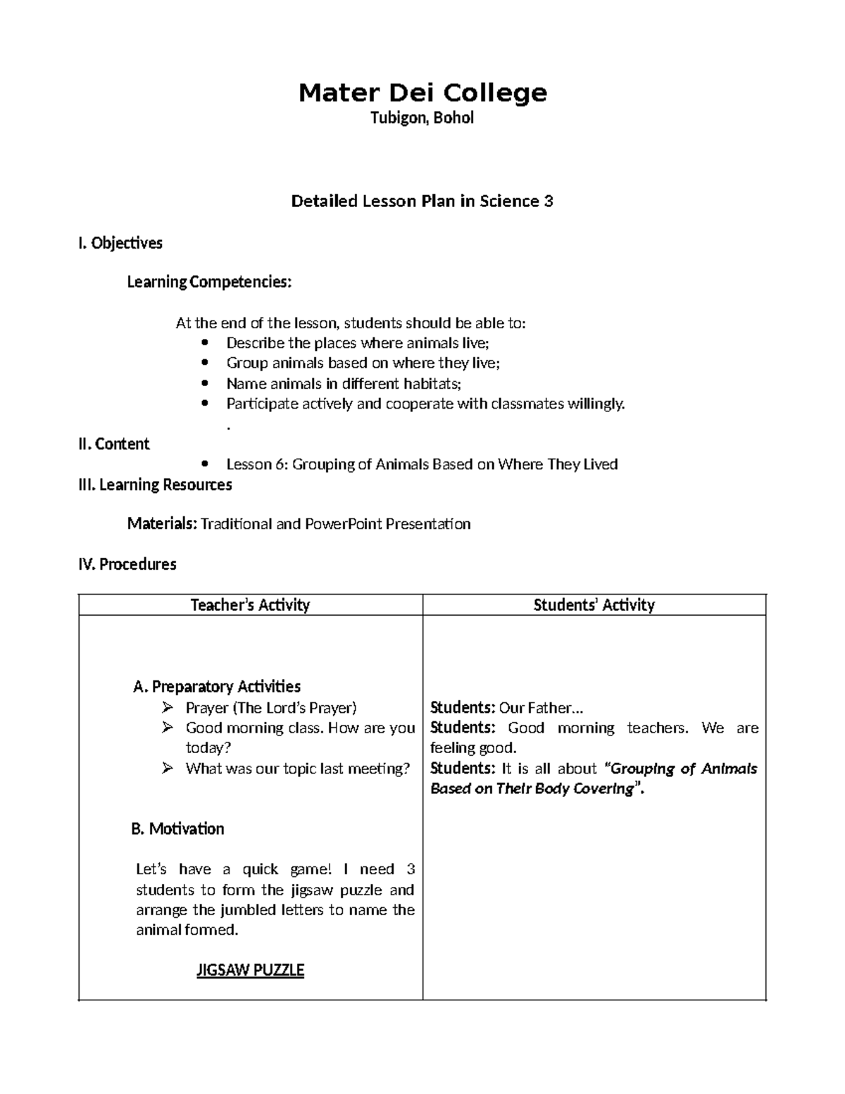DLP IN Science 3 - Baba an - Mater Dei College Tubigon, Bohol Detailed Lesson Plan in Science 3 ...