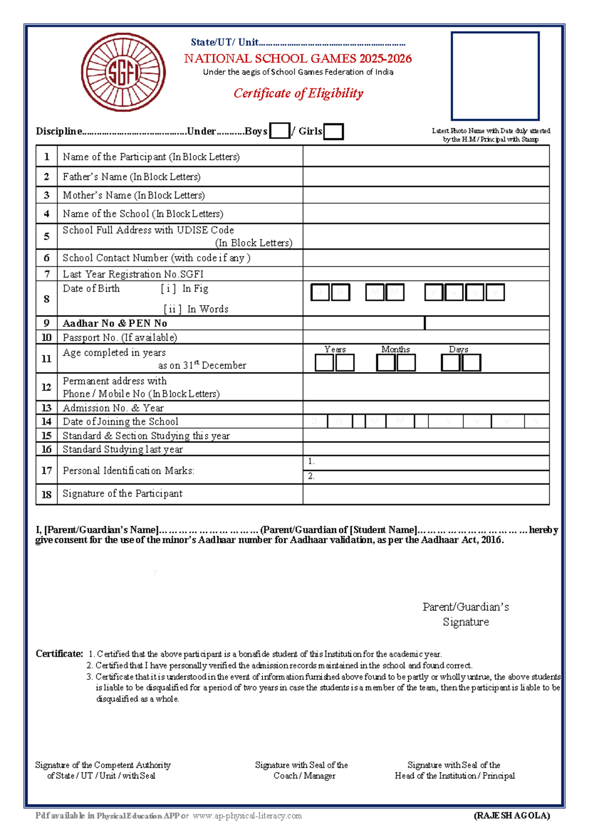 SGFI Eligibility Form 2025-26 for National School Games - Studocu