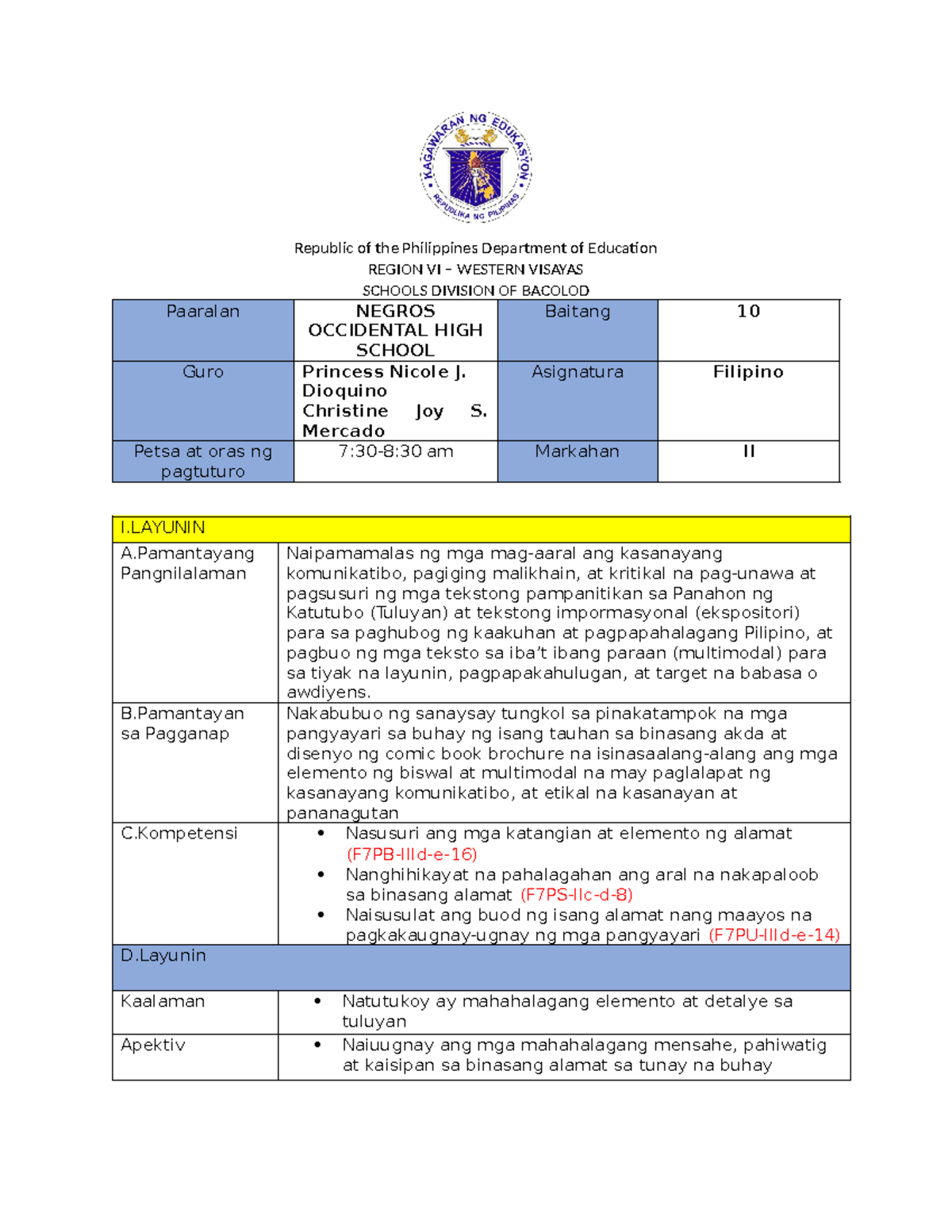 Filipino Lesson Plan on Alamat (F7PB-IIId-e-16) for Grade 10 - Studocu