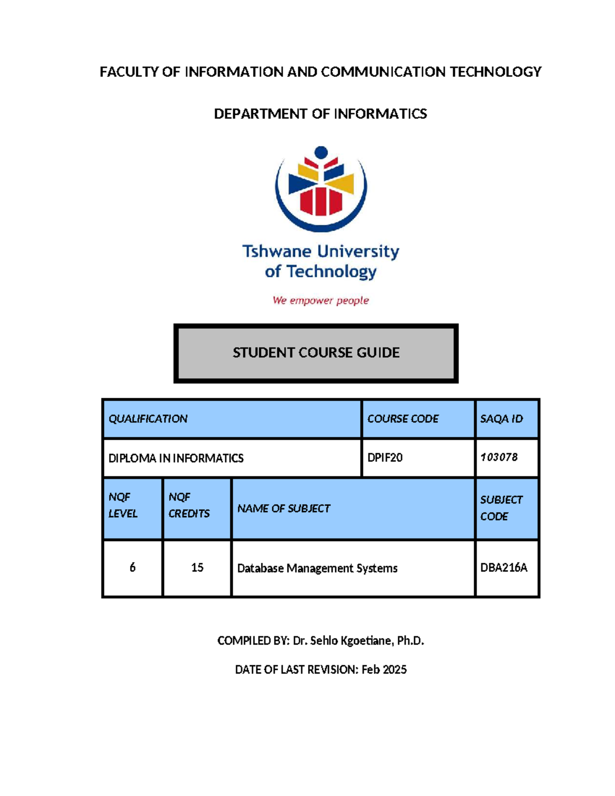 Module Guide for DBA216A: Database Management Systems - S1 2025 - Studocu