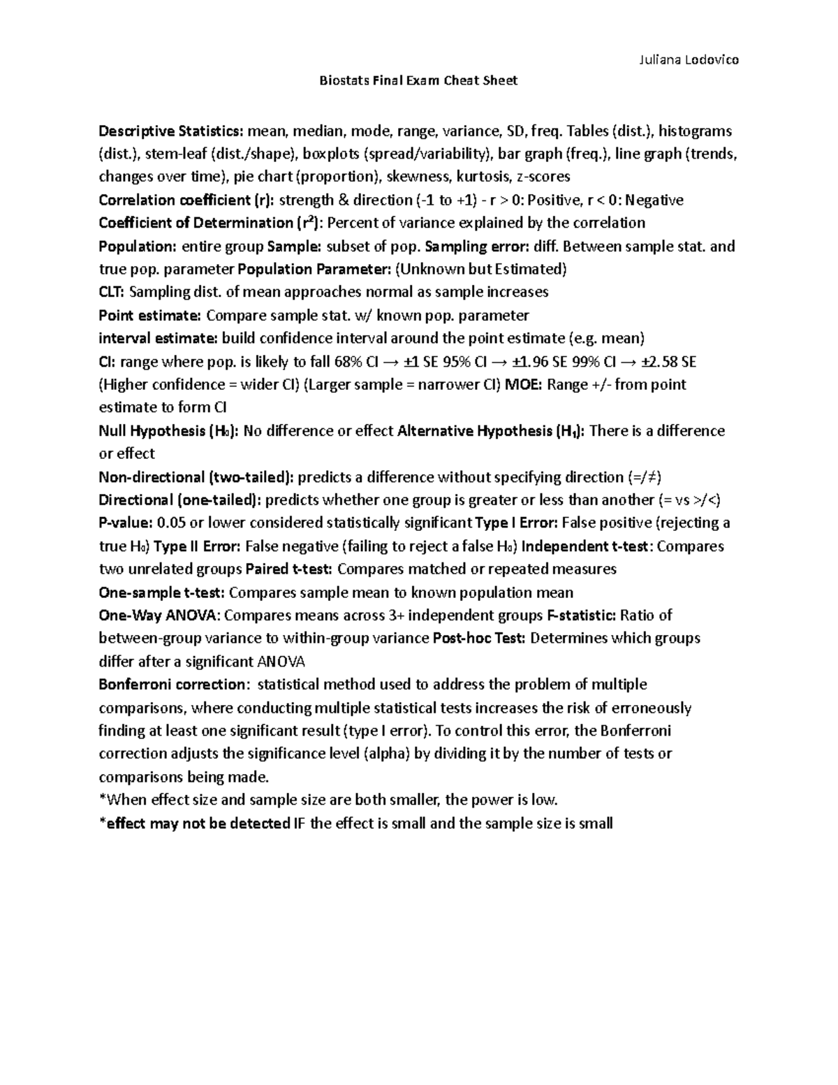 Biostats 101 Final Exam Cheat Sheet: Key Concepts & Formulas - Studocu