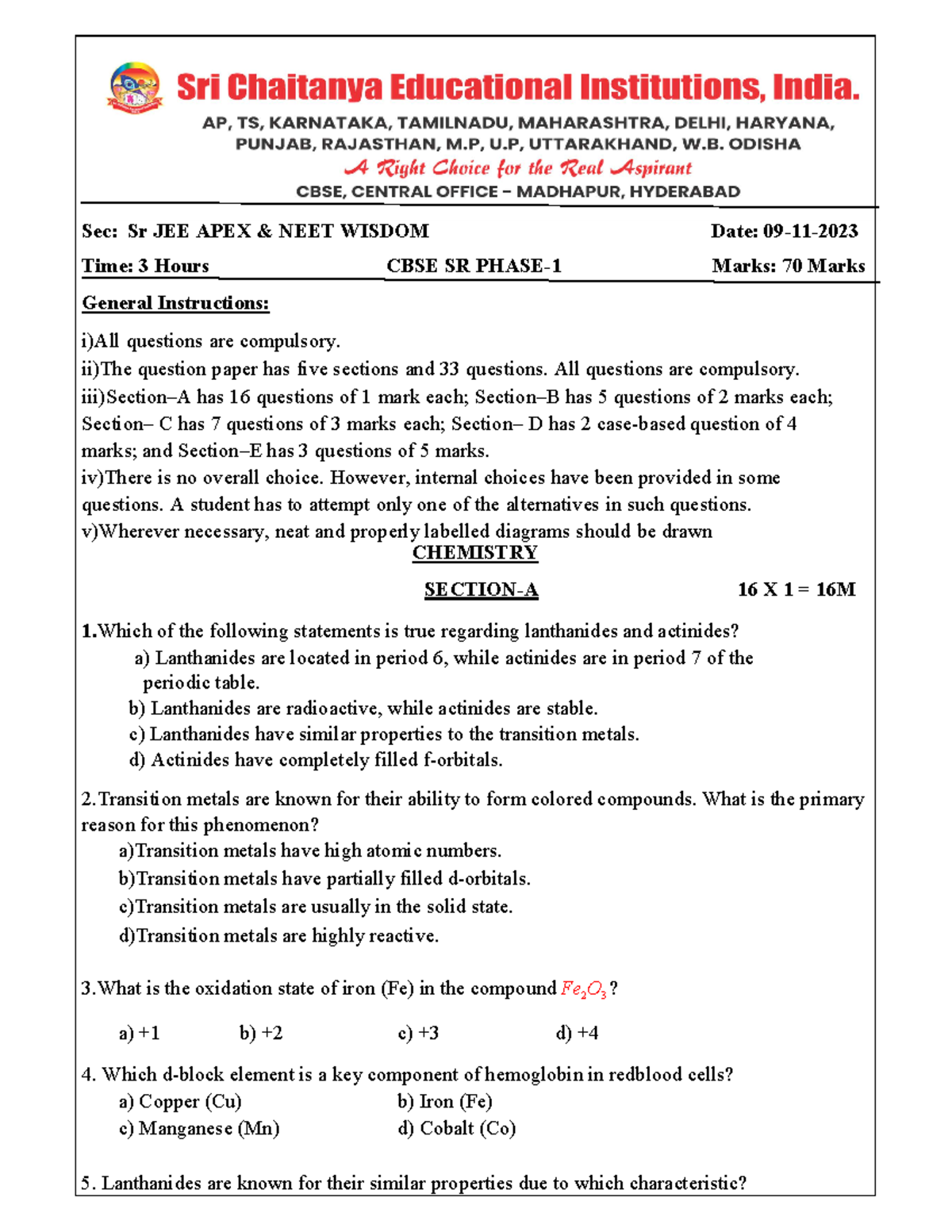 CBSE SR JEE APEX & NEET Chemistry Phase-1 Question Paper (09-11) - Studocu