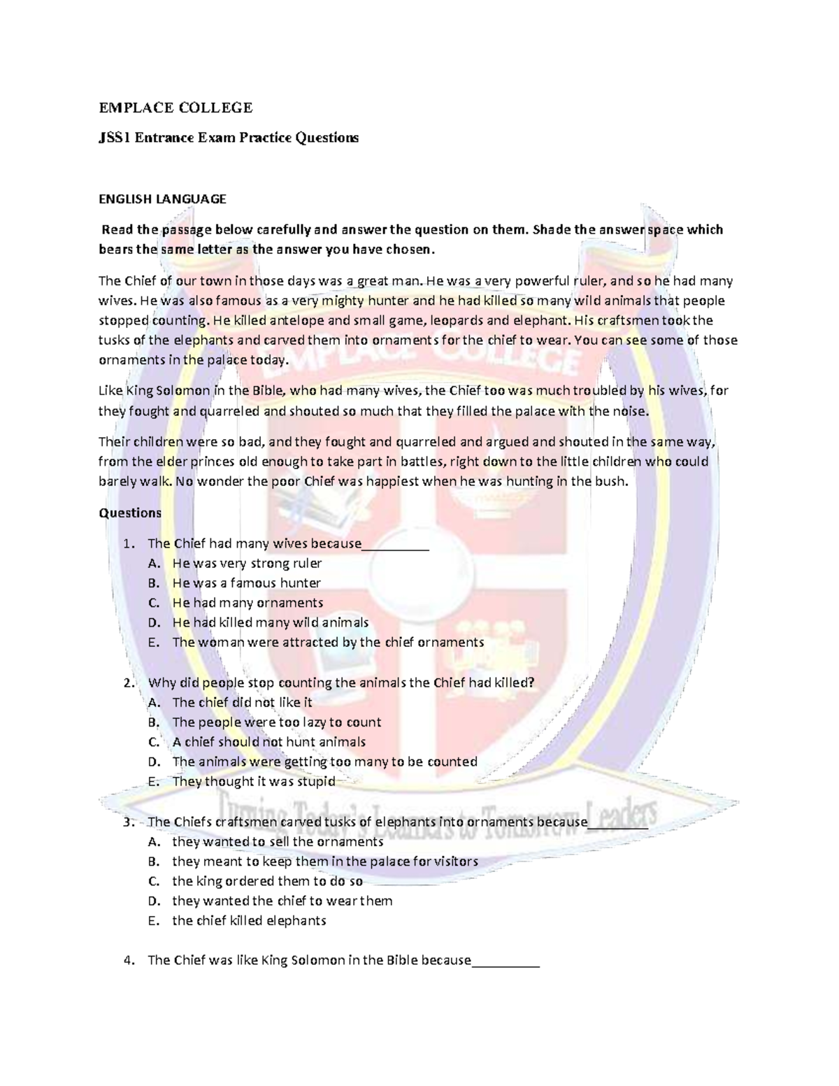 EMPLACE COLLEGE JSS1 Entrance Exam Practice Questions: English Language ...