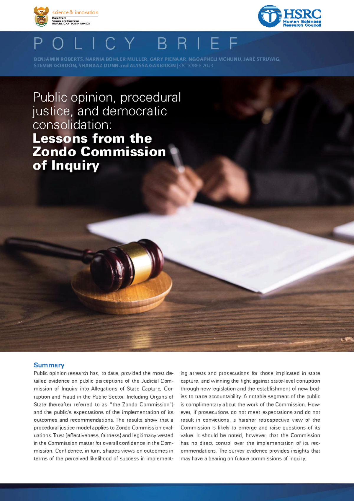 HSRC Policy Brief: Public Attitudes Towards the Zondo Commission Inquiry (Oct - Studocu