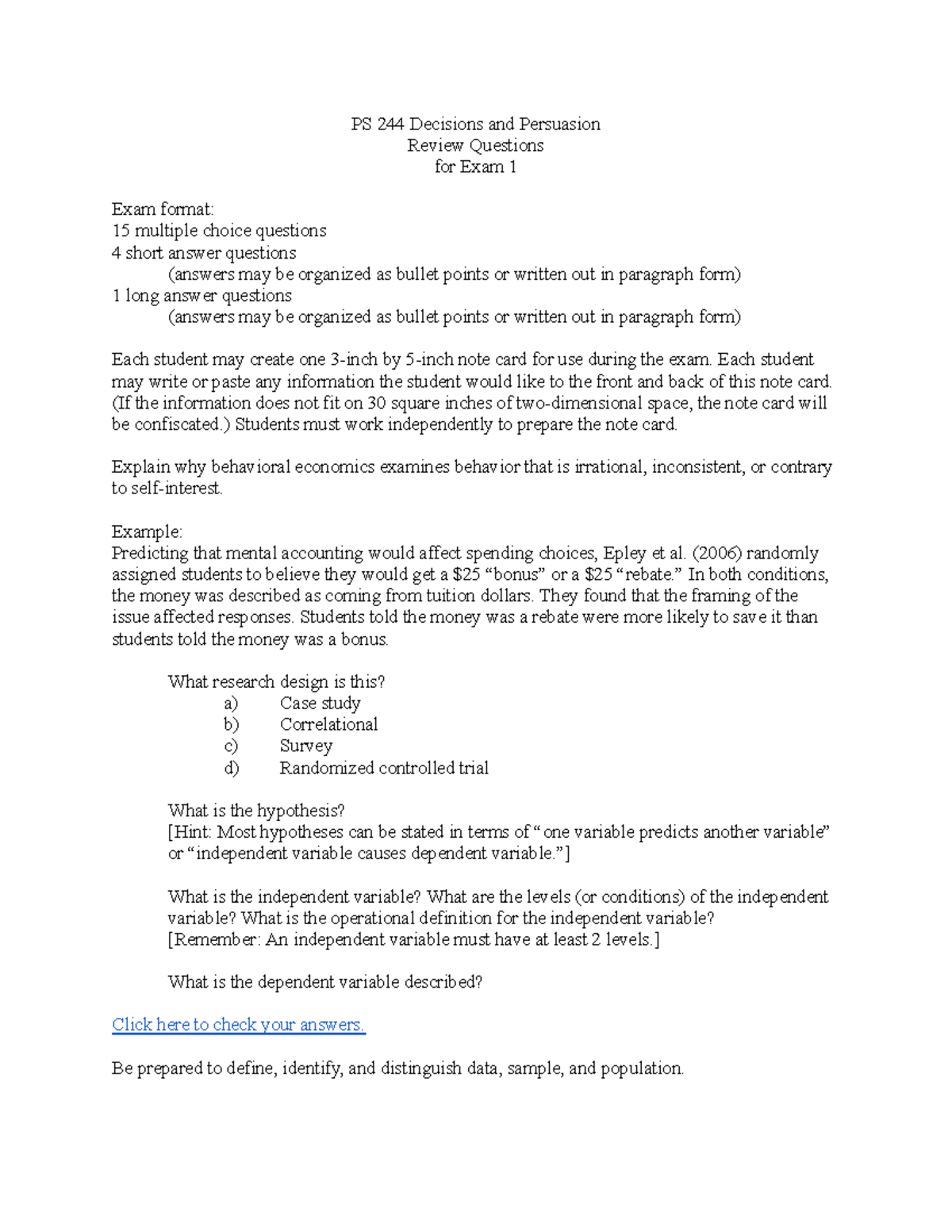PS 244 Behavioral Economics Exam 1 Review Questions & Guidelines - Studocu