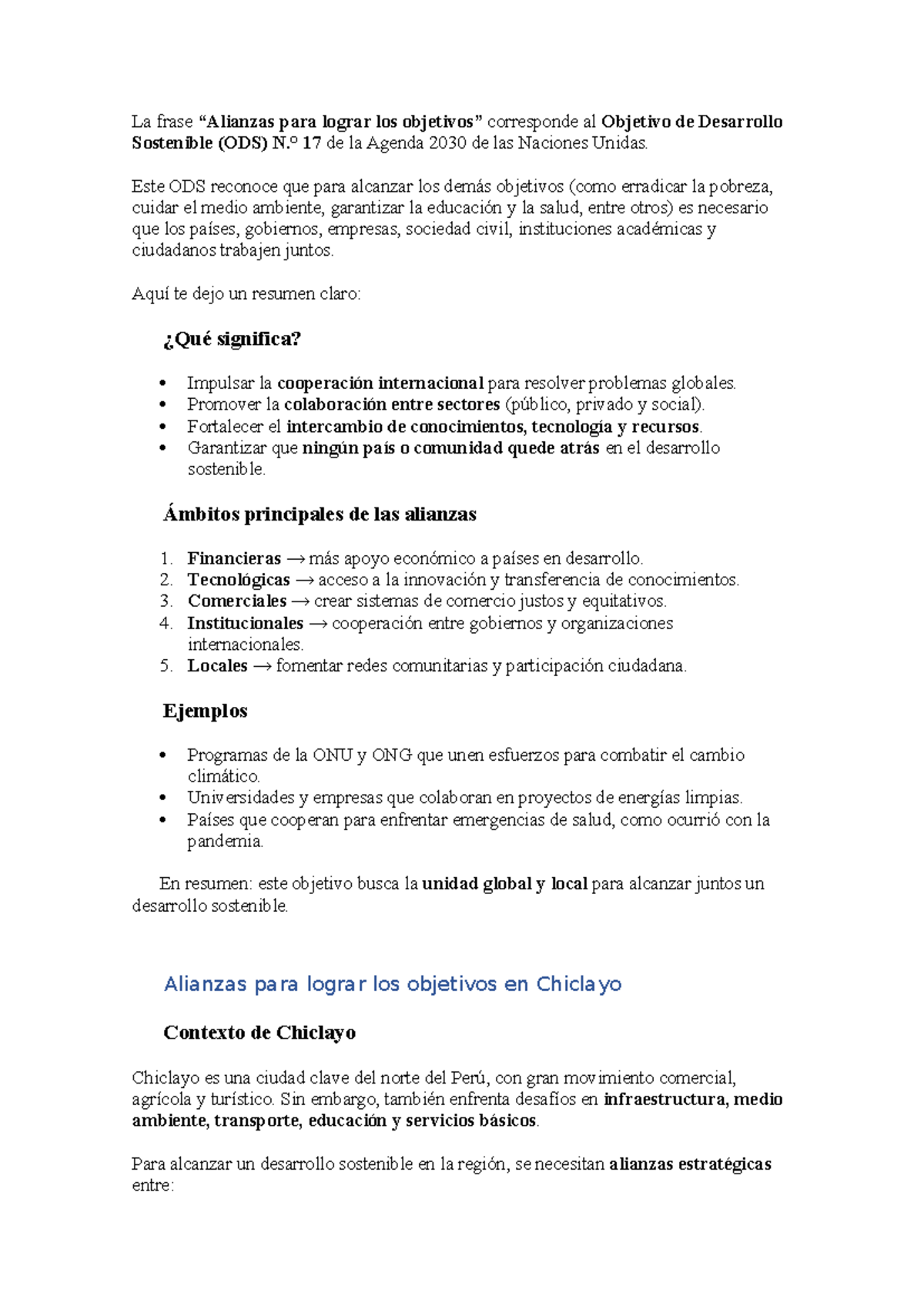 ODS 17: Alianzas para el Desarrollo Sostenible en Chiclayo - Studocu