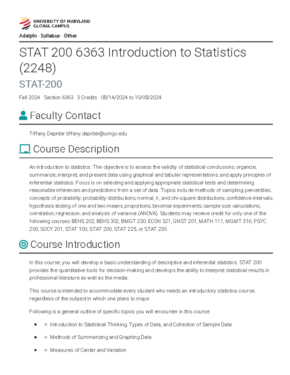 Syllabus for STAT 200 6363: Introduction to Statistics (Fall 2024 ...