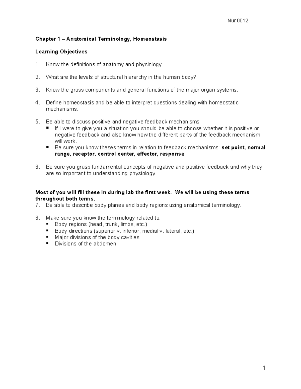 NUR 0012: Chapter 1 - Anatomical Terminology & Homeostasis Overview ...