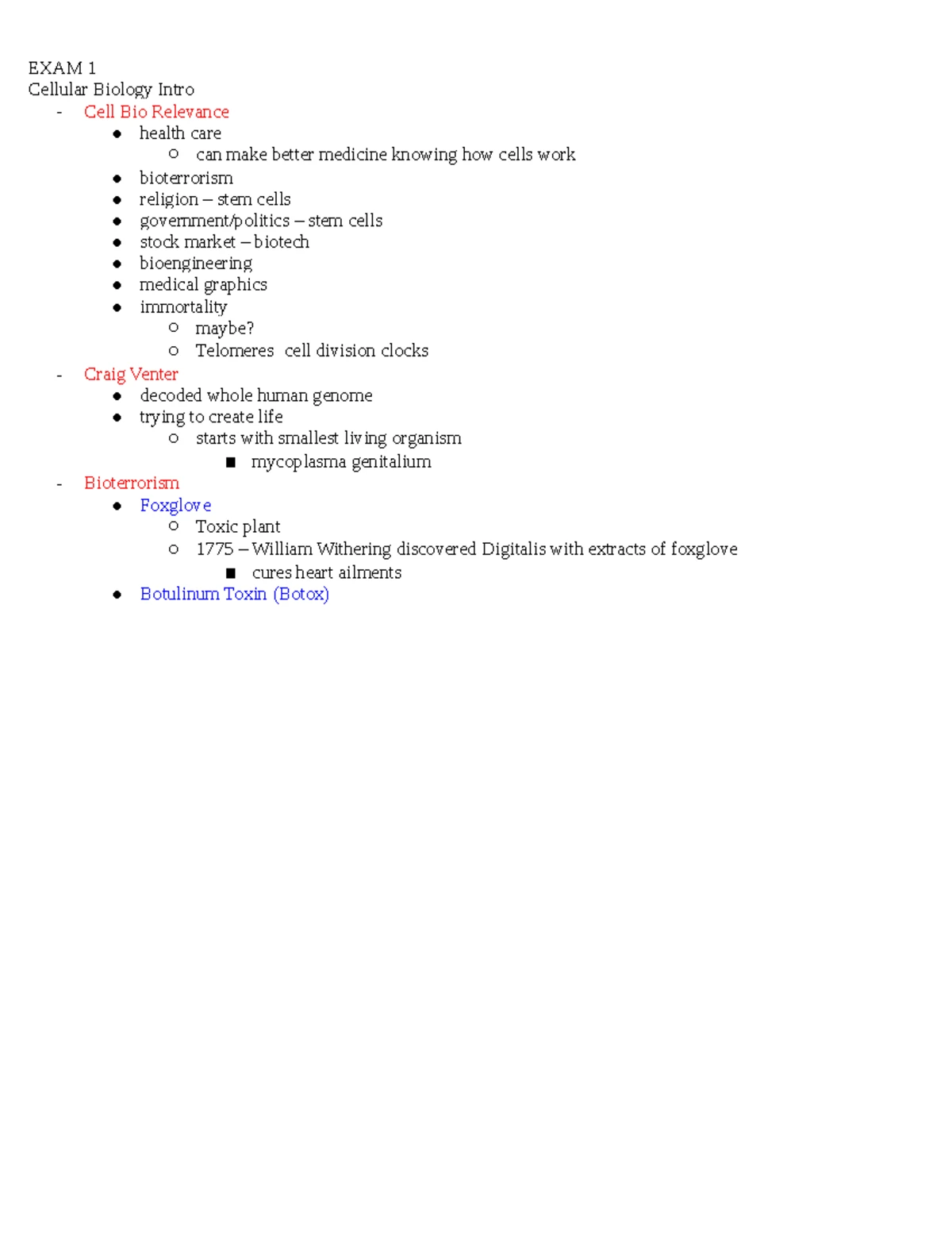 Cell Bio Test 1 Notes - exam 1 review sheet, Robert Van Buskirk - EXAM ...