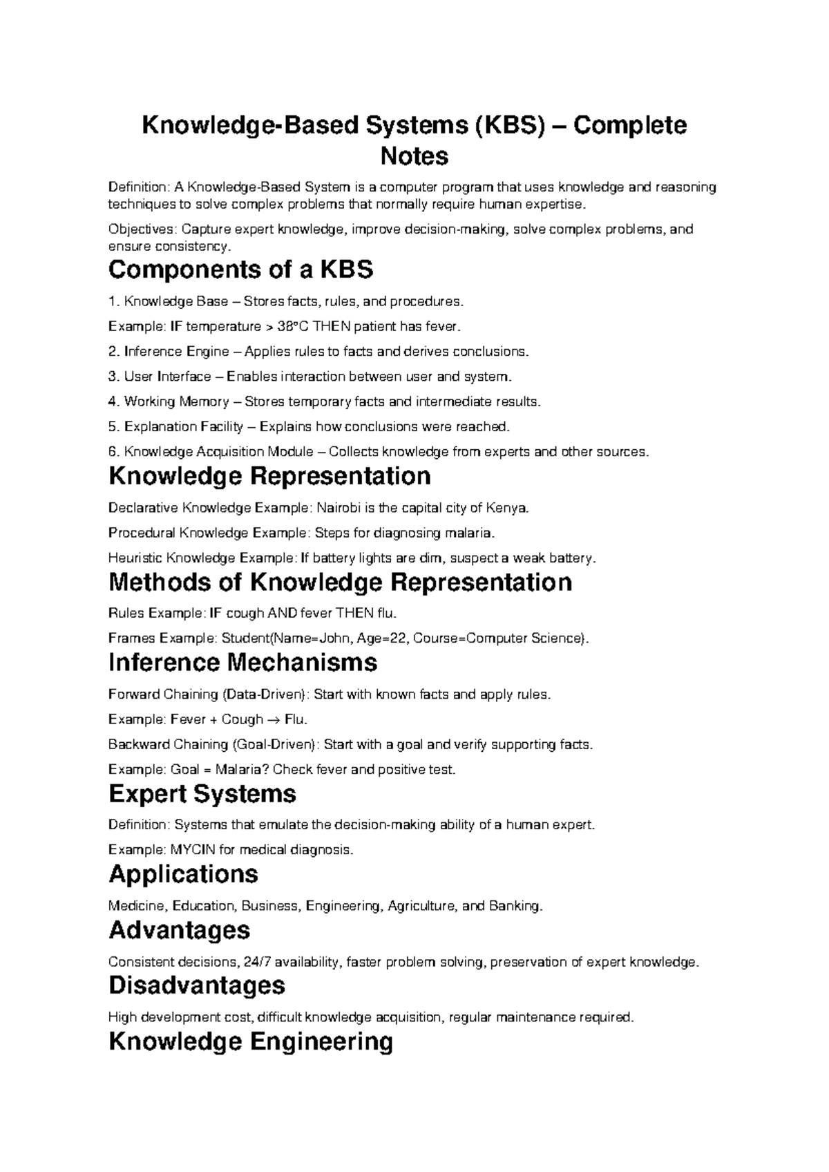 Knowledge Based Systems (KBS) Complete Notes and Definitions - Studocu