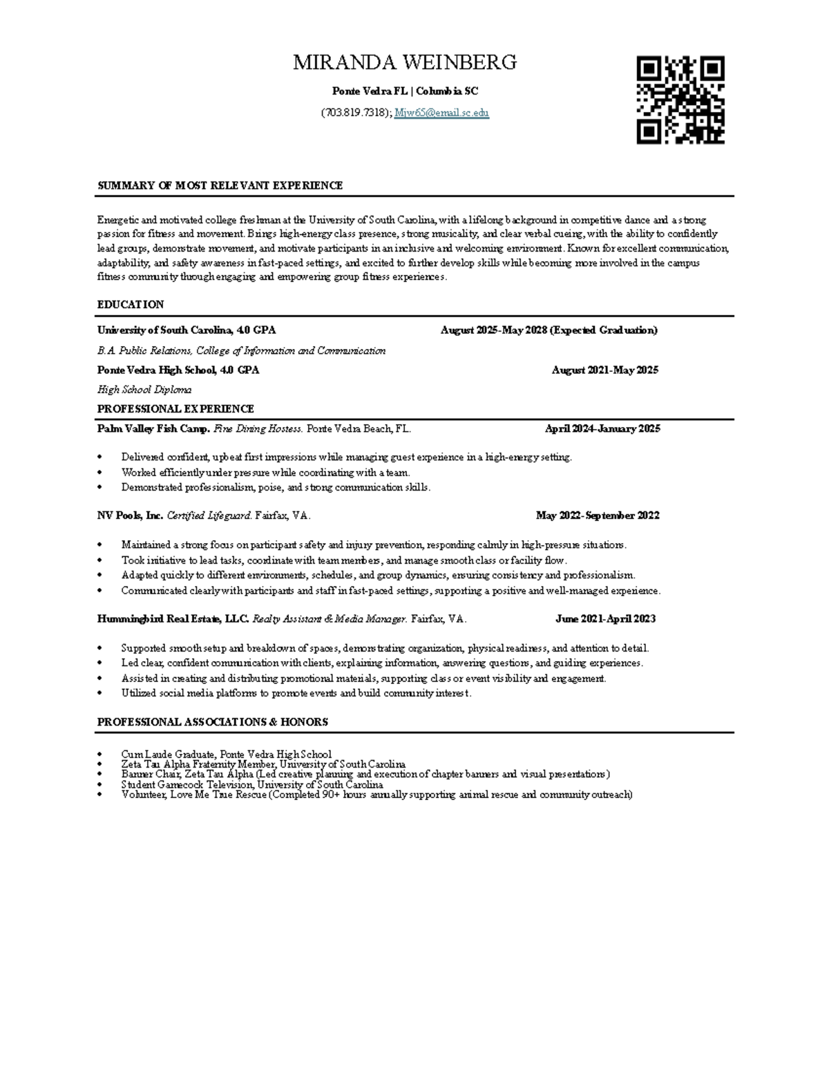 Resume of Miranda Weinberg - USC Freshman Fitness Enthusiast - Studocu