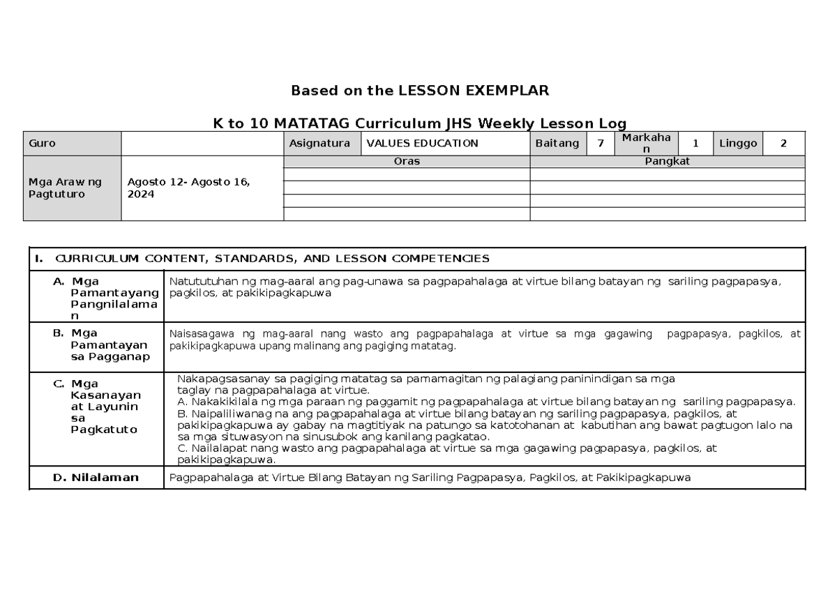 Week 3 Values Education (VE7) Lesson Plan: Dignity and Virtue - Studocu