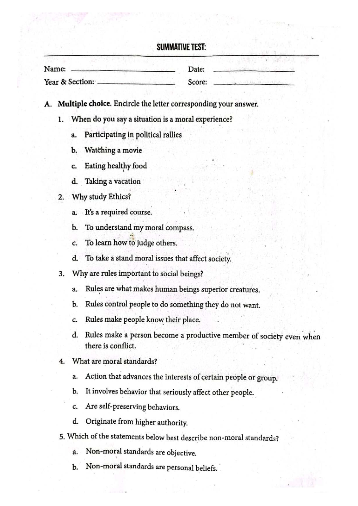 Ethics Summative Test: Multiple Choice, Enumeration, and Essay ...