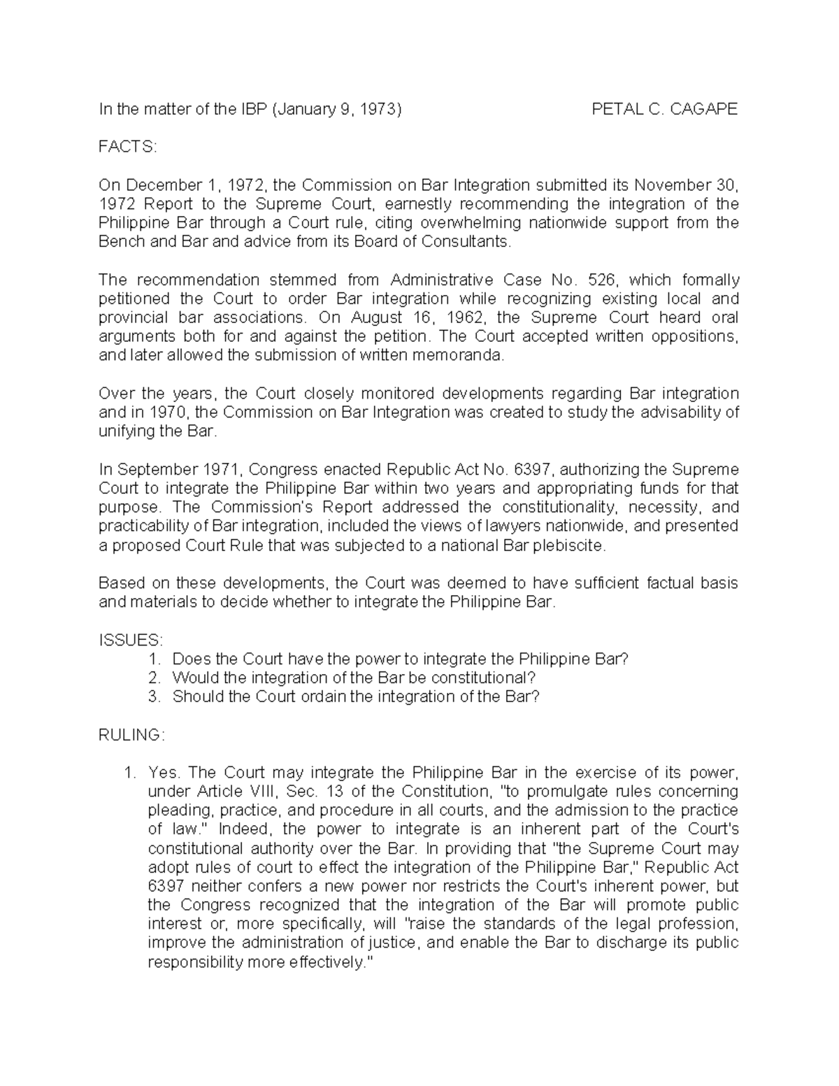 Case Digest: In the Matter of the IBP (January 9, 1973) - Studocu