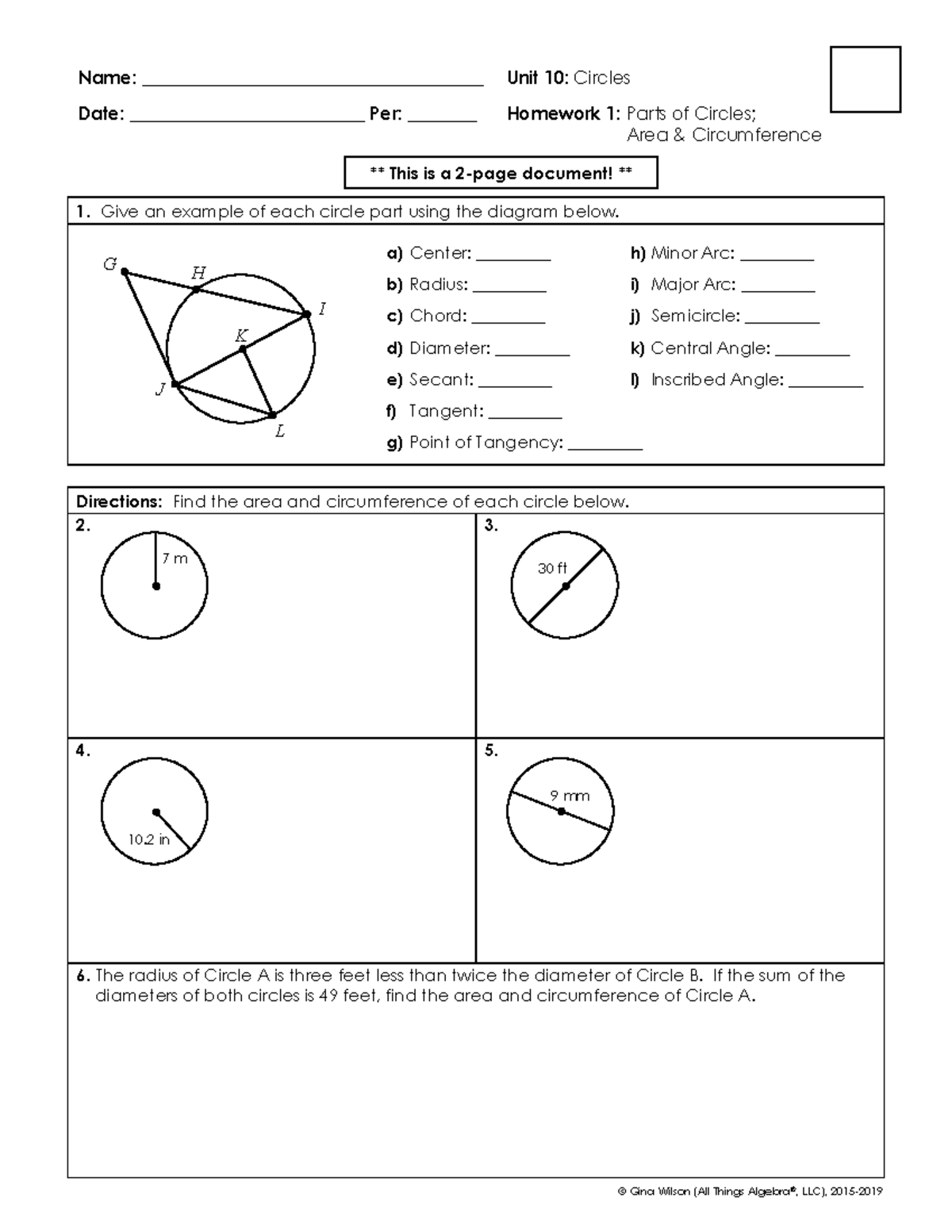 Unit 10: Circles Homework Packet - Area, Circumference & Angles - Studocu