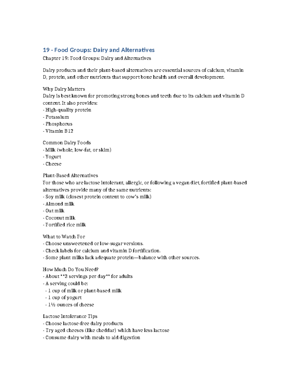 19 - Chapter 19: Food Groups - Dairy & Alternatives Overview - Studocu