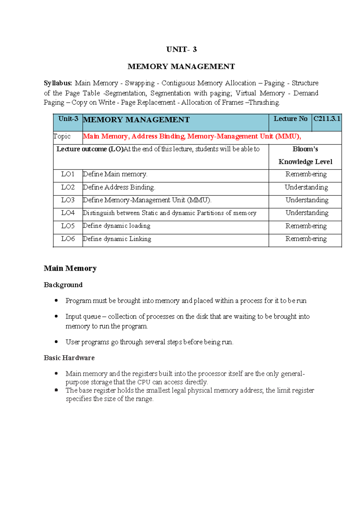 AL3452 OS UNIT 3 Memory Management Lecture Notes - Studocu