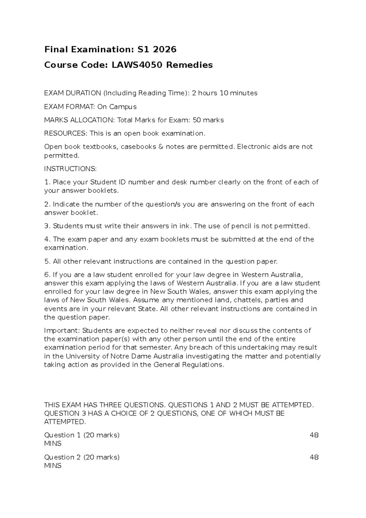 Final Exam Guidelines for LAWS4050 Remedies S1 2026 - Studocu