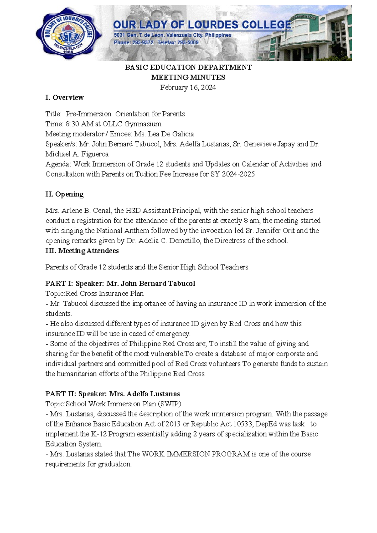 February 16 Minutes OF THE Meeting - BASIC EDUCATION DEPARTMENT MEETING ...