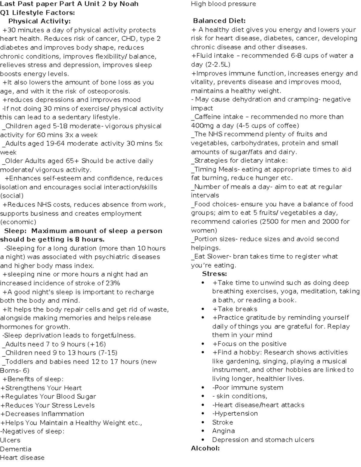 Unit 2 HST Exam Notes - Lifestyle Factors and Health Recommendations ...