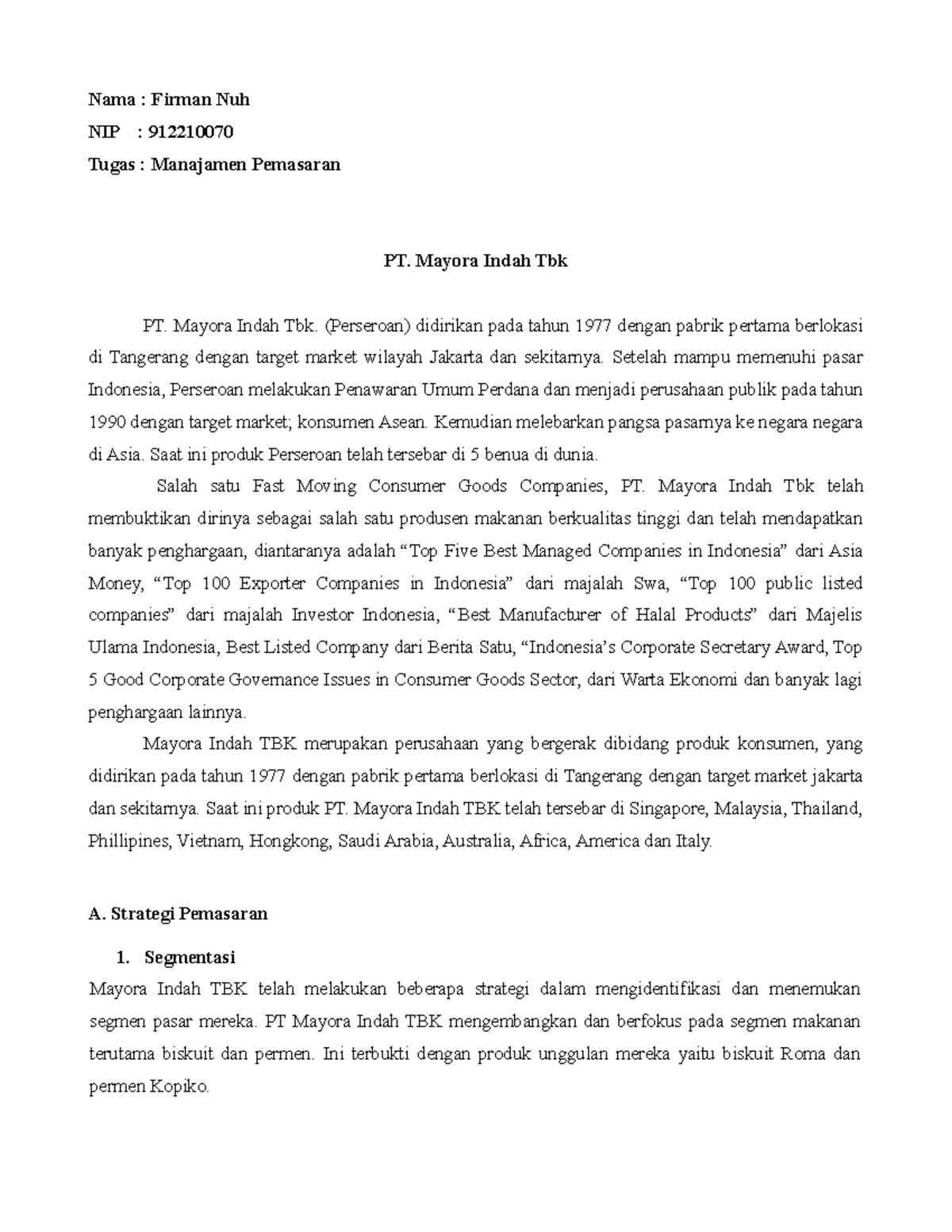 TM 912210070 Marketing Strategy Analysis of PT Mayora Indah Tbk - Studocu