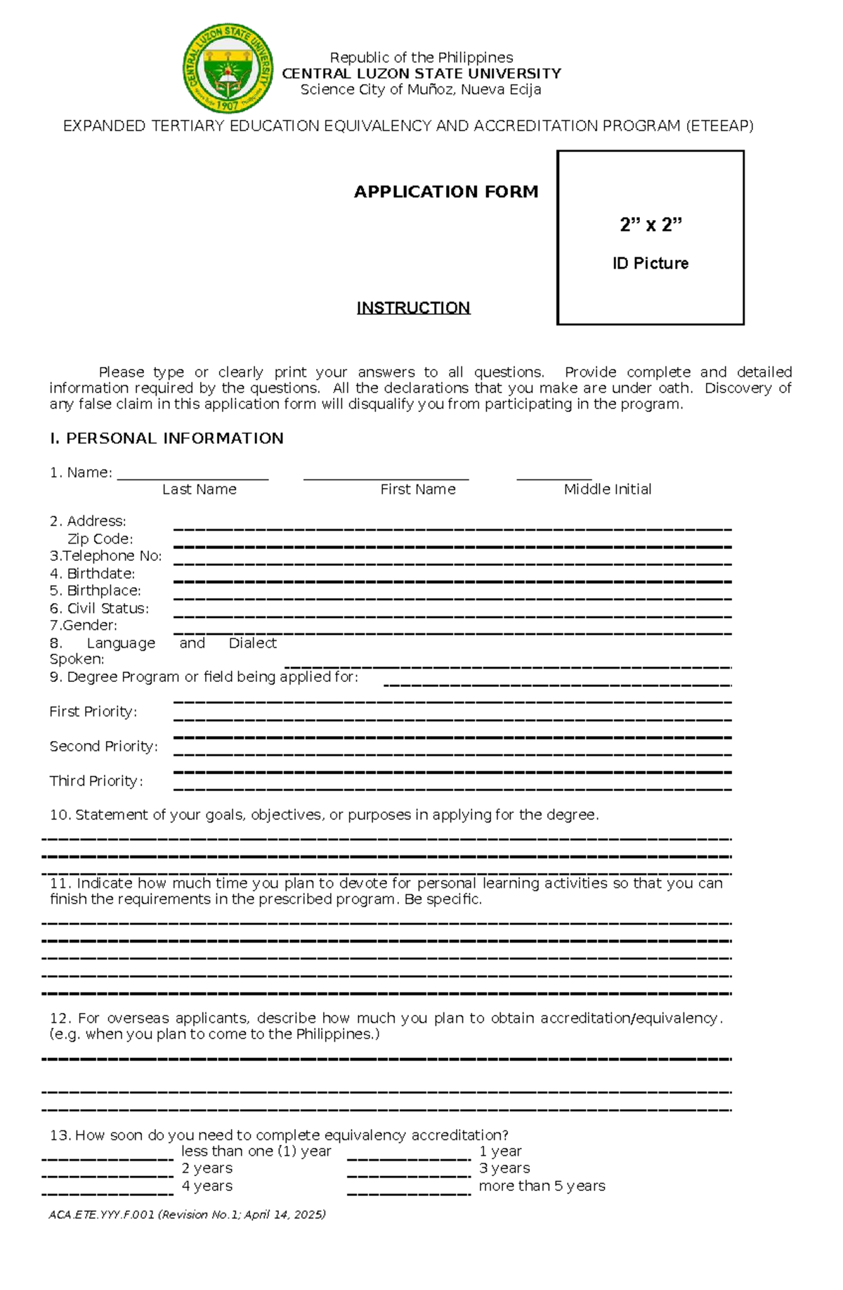 ETEEAP Application Form - Central Luzon State University (April 2025 ...