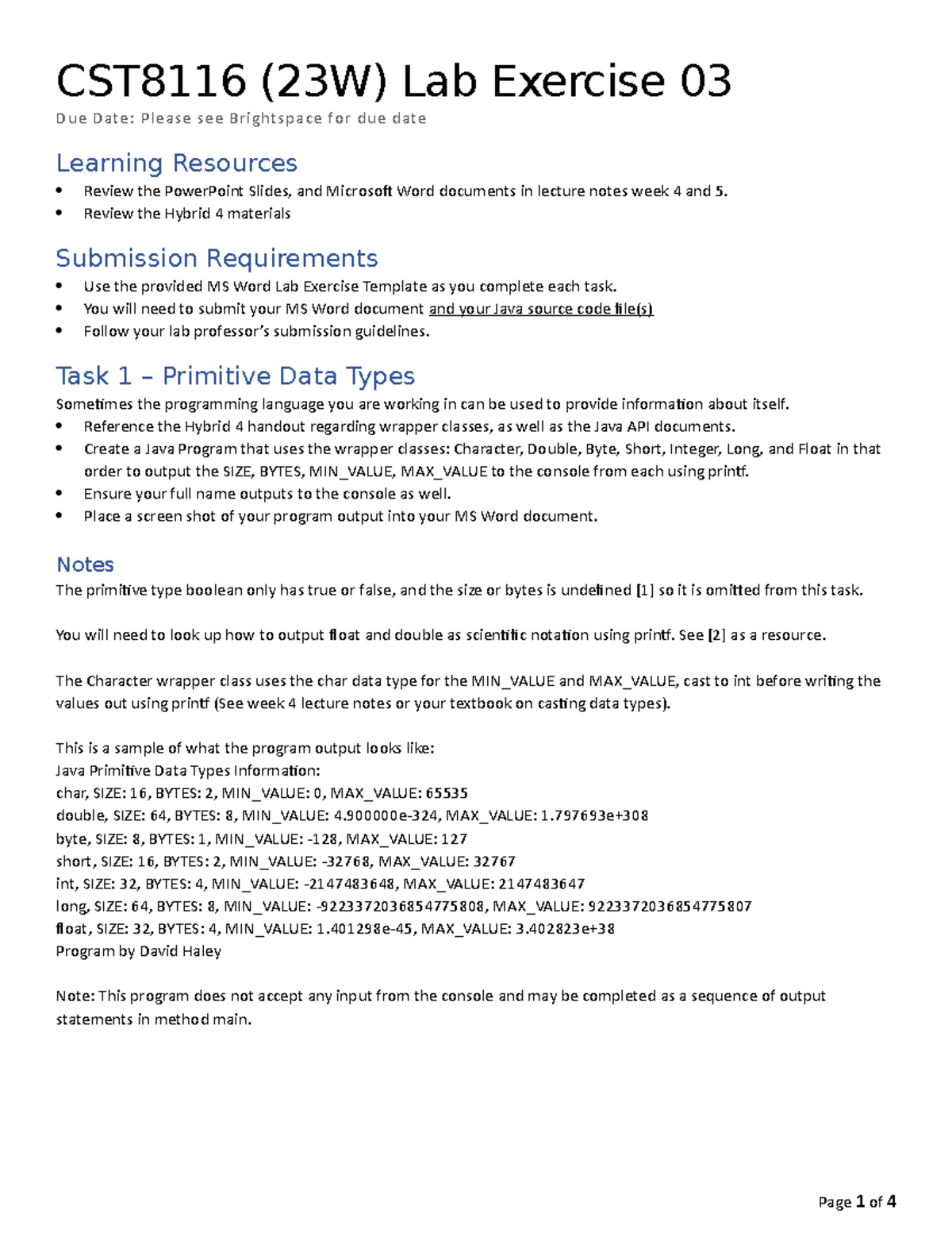 CST8116 (23W) Lab Exercise 03 - Java Primitive Types & Class ...