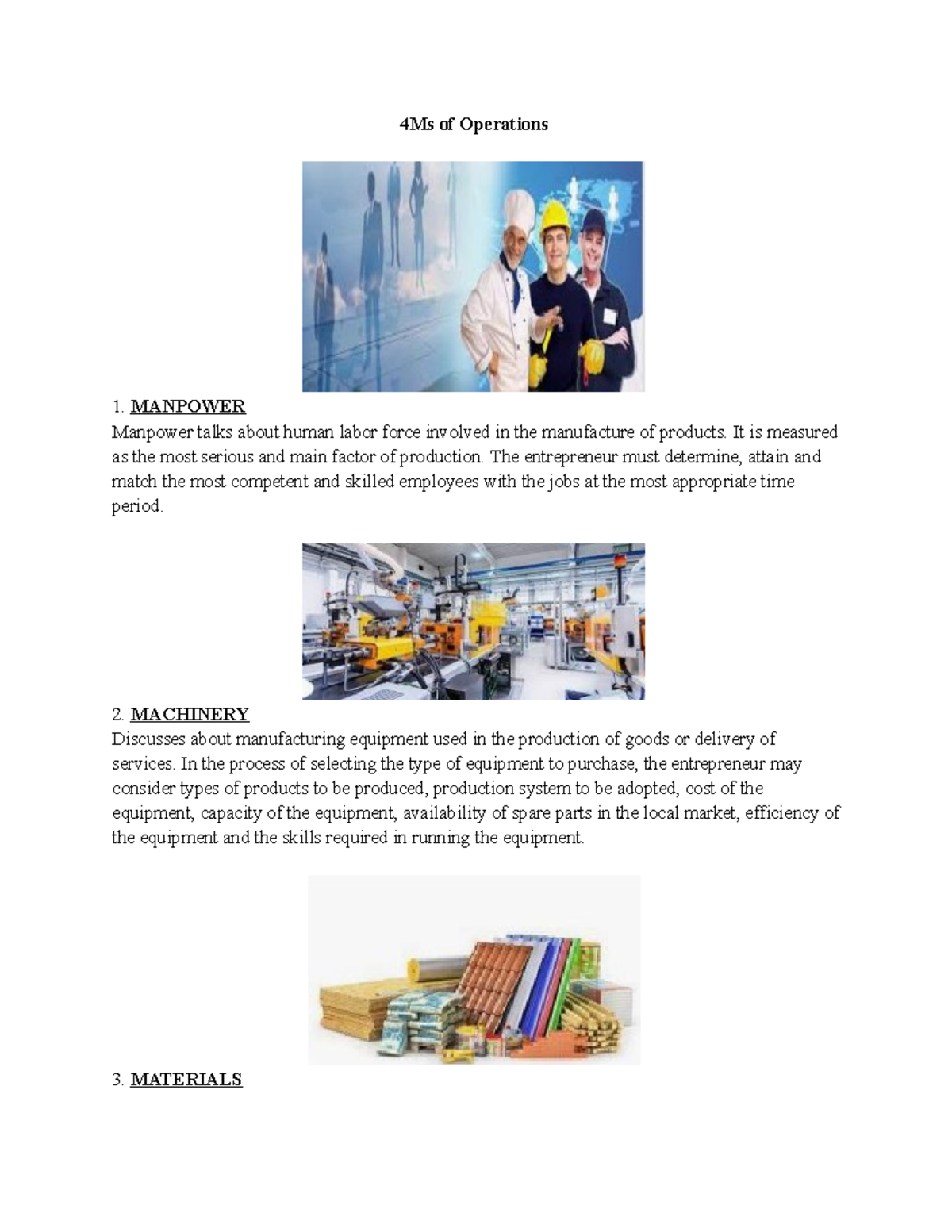 4Ms of Operations: Manpower, Method, Machinery, Materials - Special ...