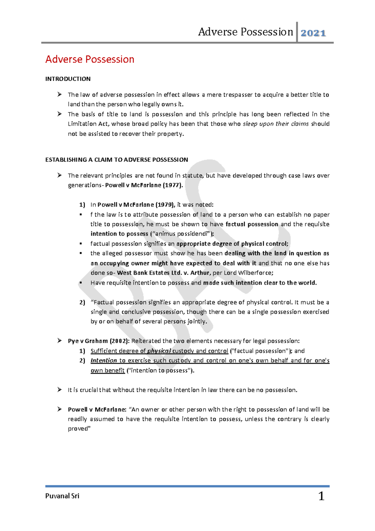 Adverse Possession(10) - Adverse Possession INTRODUCTION The law of ...