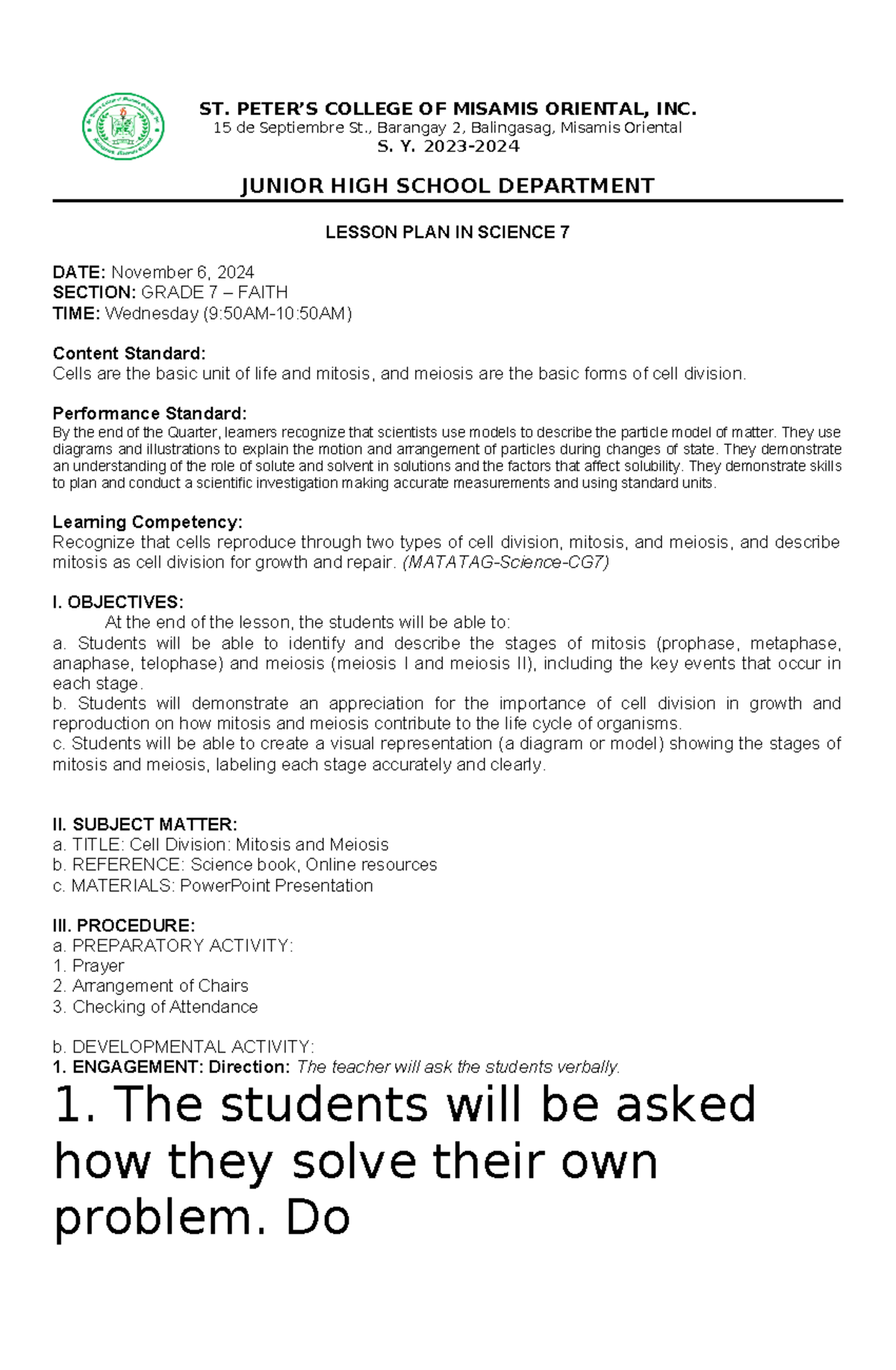 LESSON PLAN: CELL DIVISION IN SCIENCE 7 (FINAL) - Studocu