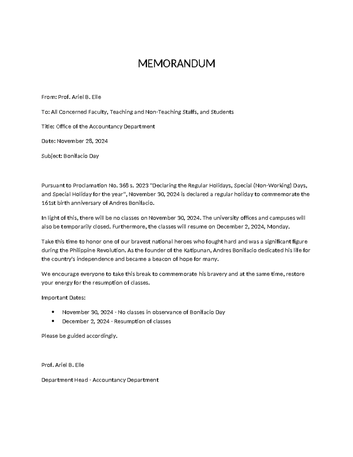 Memo - Sample Memo - MEMORANDUM From: Prof. Ariel B. Elle To: All ...