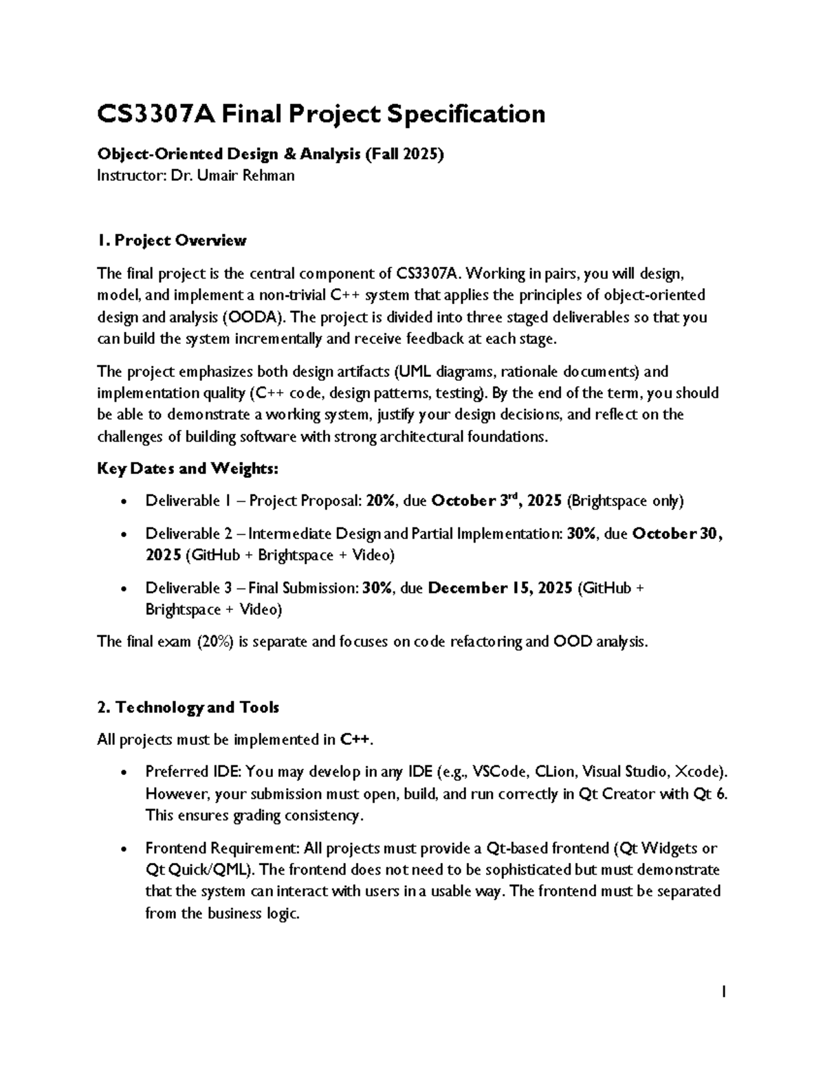 CS3307A Final Project Design Analysis & Implementation Guide (Fall 2025 ...