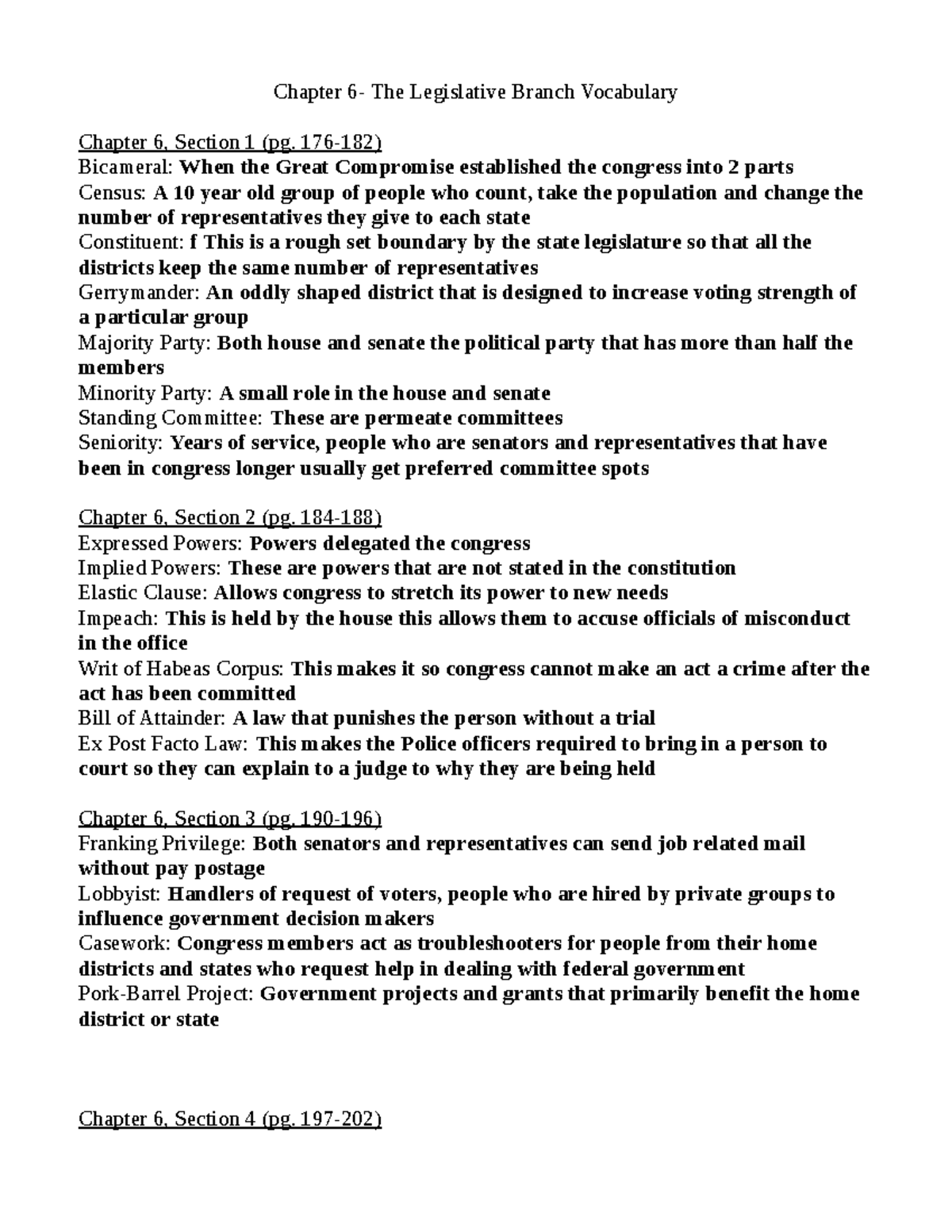 Unit 6 Legislative Branch Vocabulary Terms Study Guide - Studocu