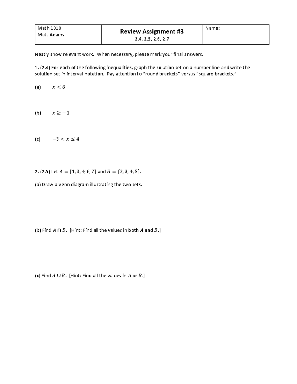 Math 1010 Review Assignment #3: Inequalities & Sets - Studocu